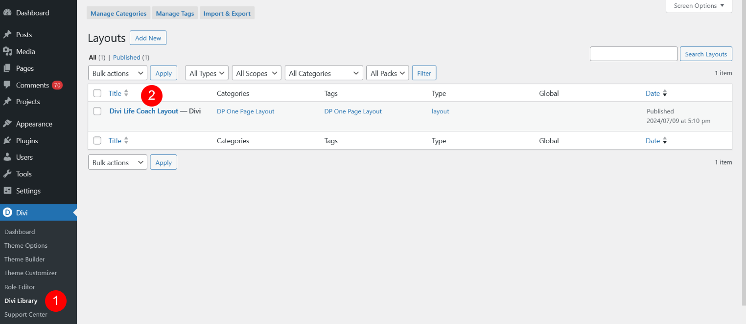 How to import divi layout - One Page - Divi Professional